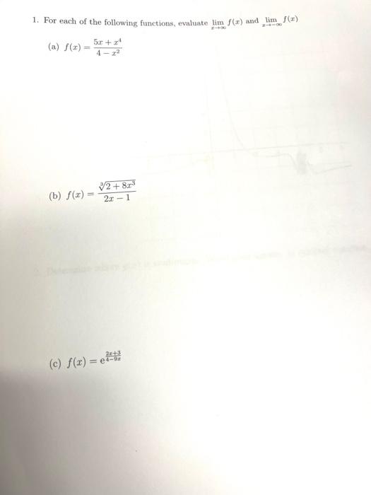 Solved For each of the following functions, evaluate lim | Chegg.com