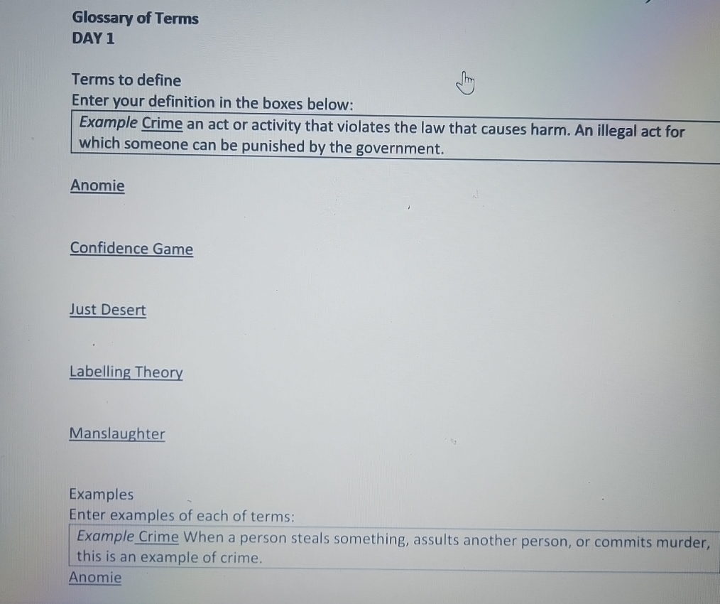 Solved Glossary of TermsDAY 1Terms to defineEnter your | Chegg.com