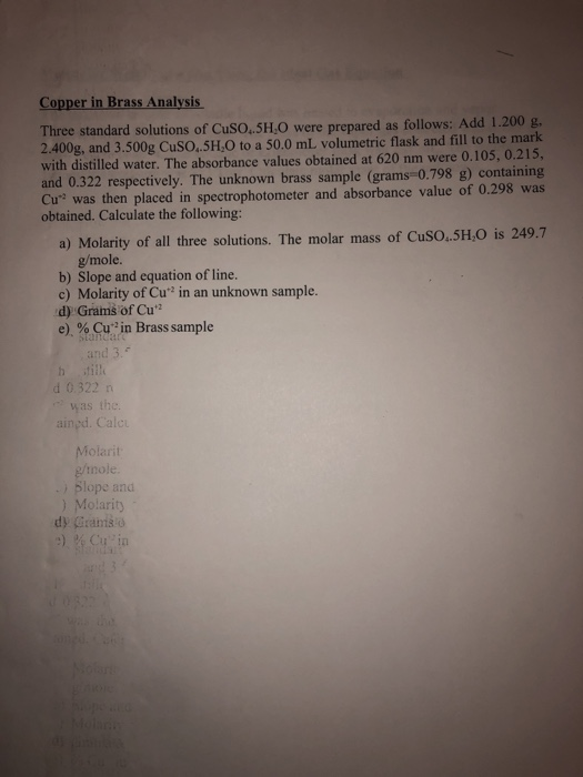 Solved Copper in Brass Analysis Three standard solutions of | Chegg.com