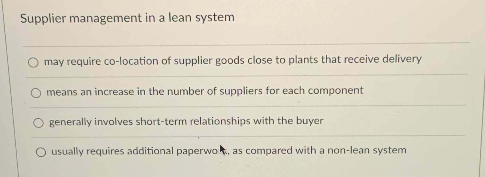 Solved Supplier management in a lean systemmay require | Chegg.com