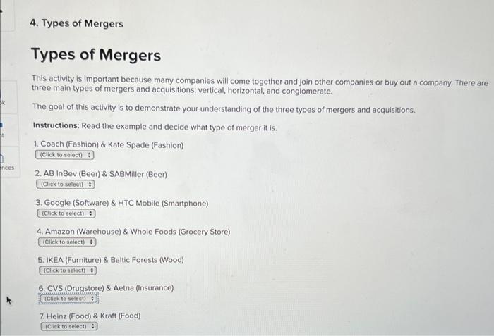 Solved Types of Mergers This activity is important because | Chegg.com