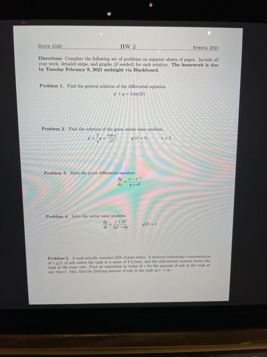 Solved MATH 2320 HW 2 SPRING 2021 Directions Complete the | Chegg.com