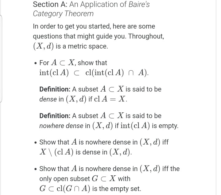 Solved Section A: An Application of Baire's Category Theorem | Chegg.com