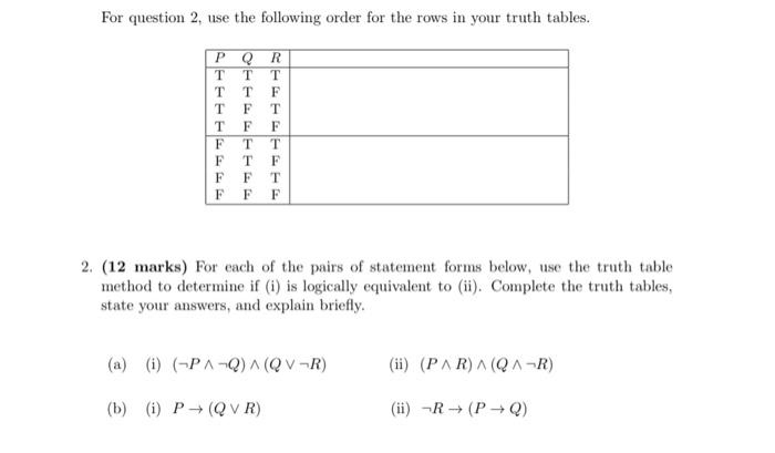 Solved For question 2 , use the following order for the rows | Chegg.com