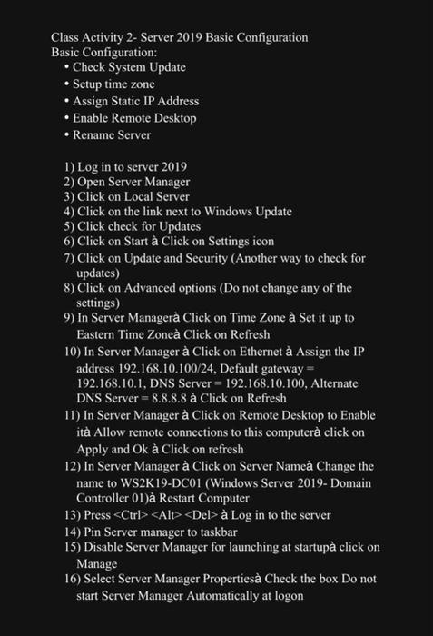 Class Activity 2- Server 2019 Basic Configuration | Chegg.com
