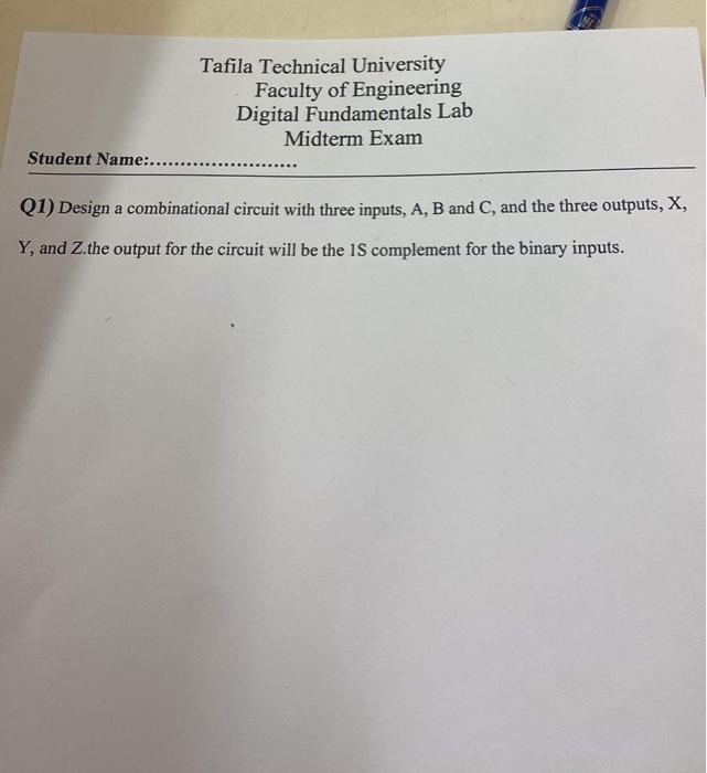 Q1) Design a combinational circuit with three inputs, | Chegg.com