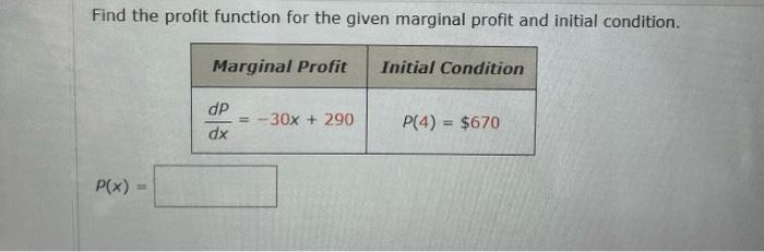 Solved Find the profit function for the given marginal | Chegg.com