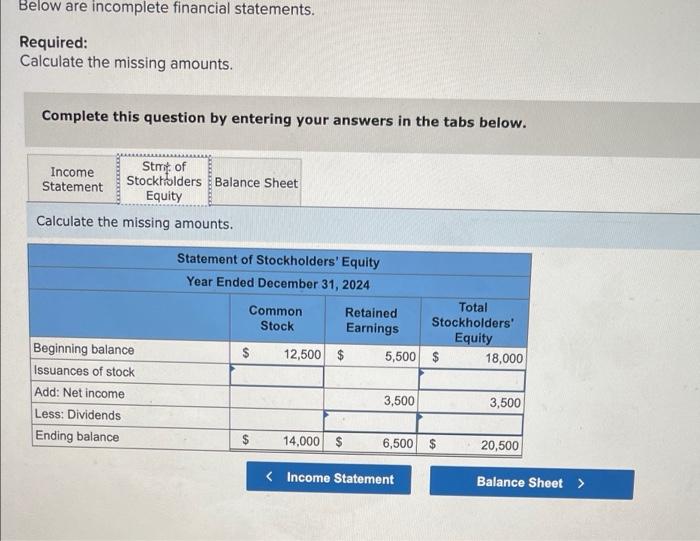 Solved Below are incomplete financial statements. Required: | Chegg.com
