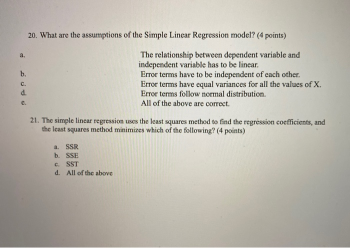 Solved 20. What are the assumptions of the Simple Linear | Chegg.com