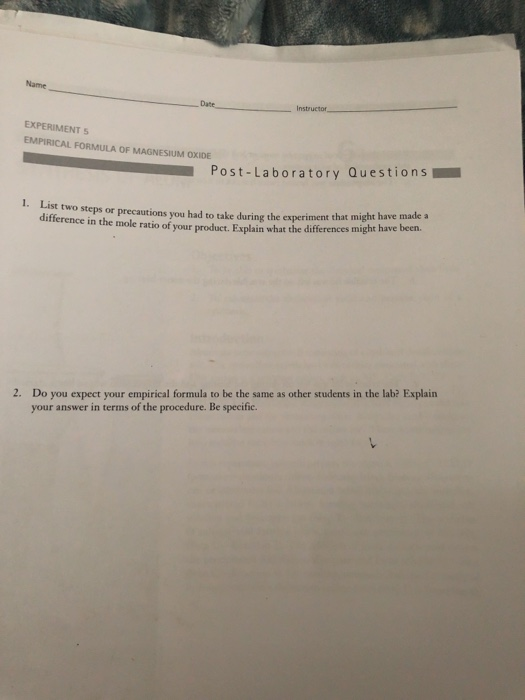 Name Instructor EXPERIMENT 5 EMPIRICAL FORMULA OF | Chegg.com
