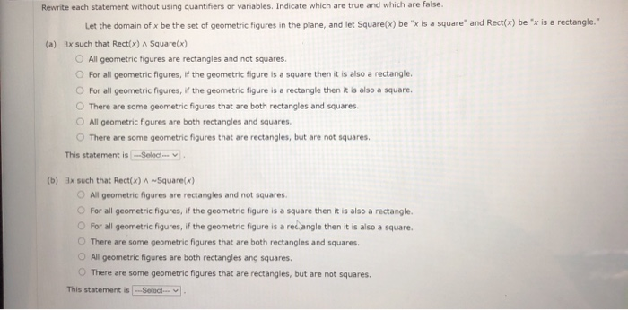 Solved Rewrite each statement without using quantifiers or | Chegg.com