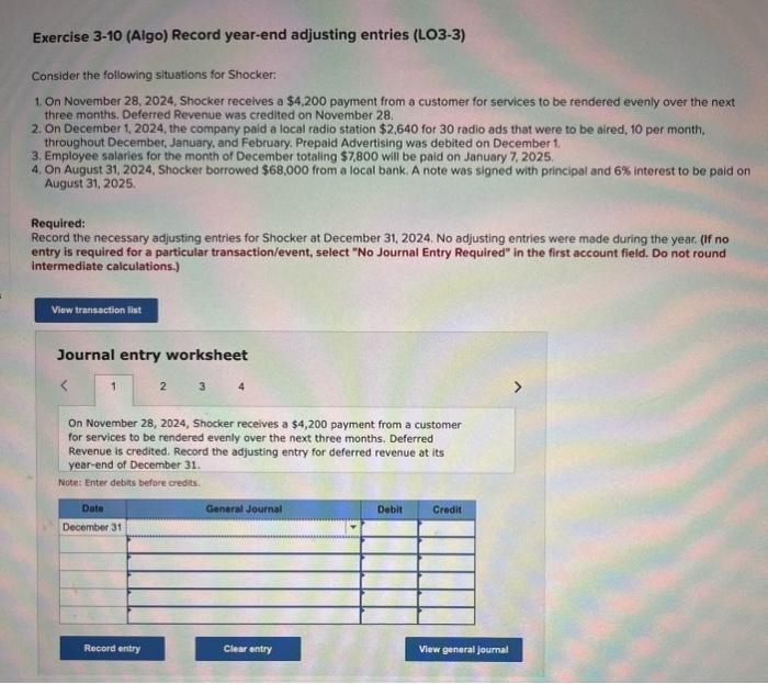 Solved Exercise 3-10 (Algo) Record year-end adjusting | Chegg.com