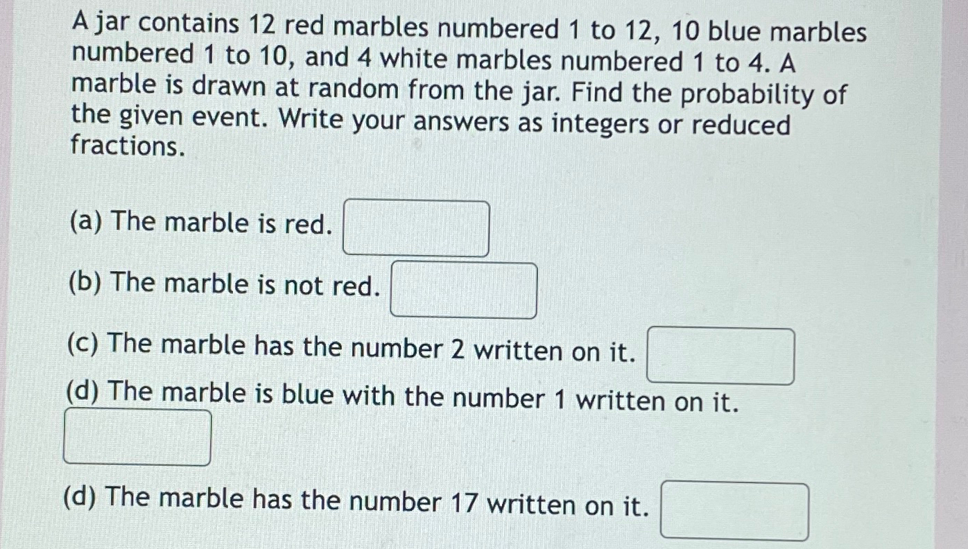 Solved A jar contains 12 ﻿red marbles numbered 1 ﻿to 12,10 | Chegg.com