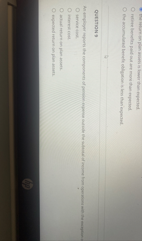Solved the return on plan assets is lower than | Chegg.com