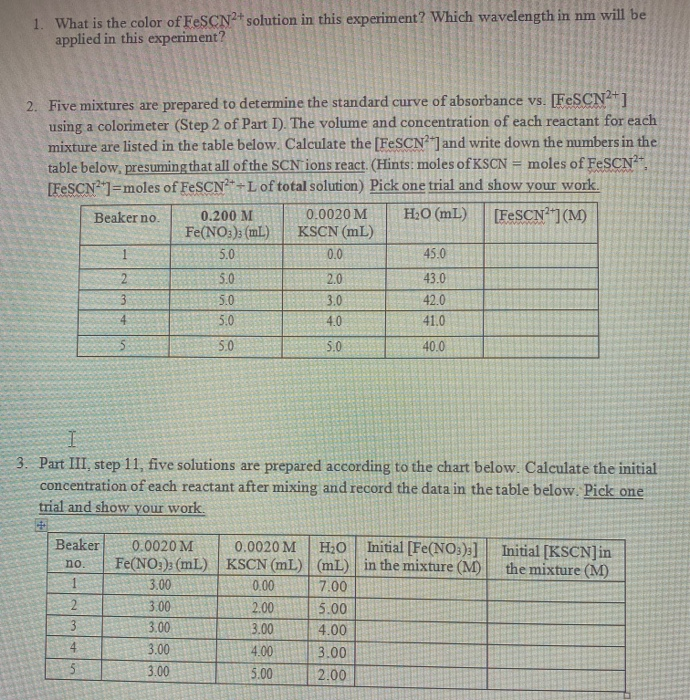 Solved 1. What is the color of FeSCN2+ solution in this | Chegg.com