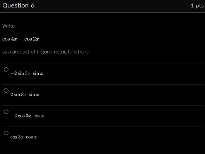 Solved Question 1 1pts Write 2sin58∘cos102∘ as a sum or | Chegg.com