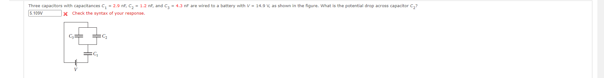 Solved Three capacitors with capacitances C1=2.9nF,C2=1.2nF, | Chegg.com