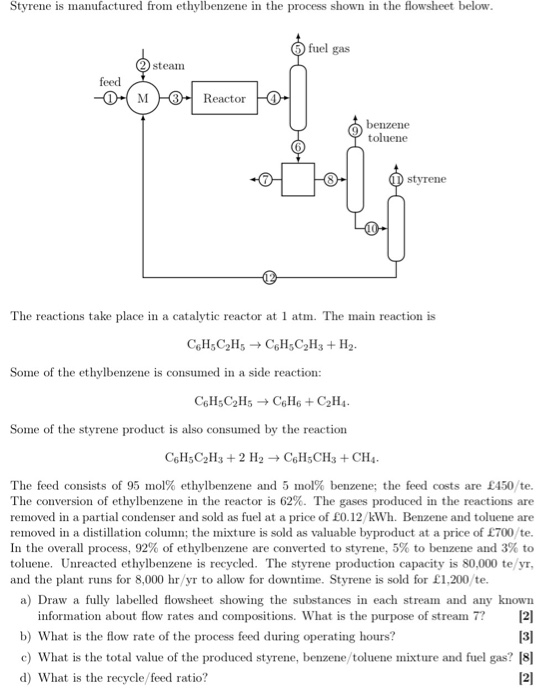 Solved Styrene is manufactured from ethylbenzene in the | Chegg.com
