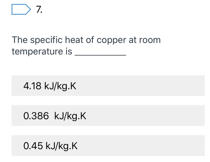Solved D 7. The specific heat of copper at room temperature | Chegg.com