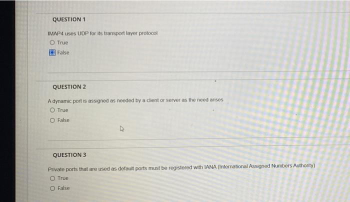 Solved QUESTION 1 IMAP4 uses UDP for its transport layer | Chegg.com