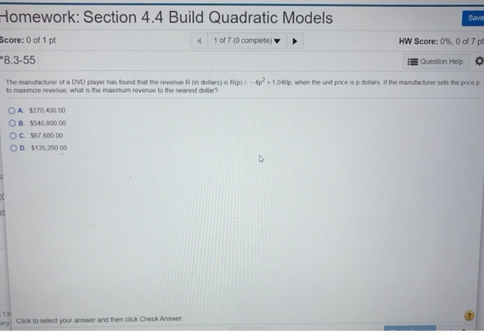 Solved Homework: Section 4.4 Build Quadratic Models Save | Chegg.com