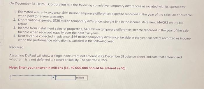 Solved On December 31, DePaul Corporation had the following | Chegg.com