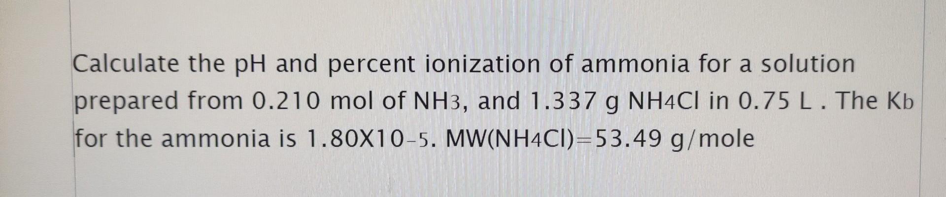 Solved Calculate the pH and percent ionization of ammonia | Chegg.com