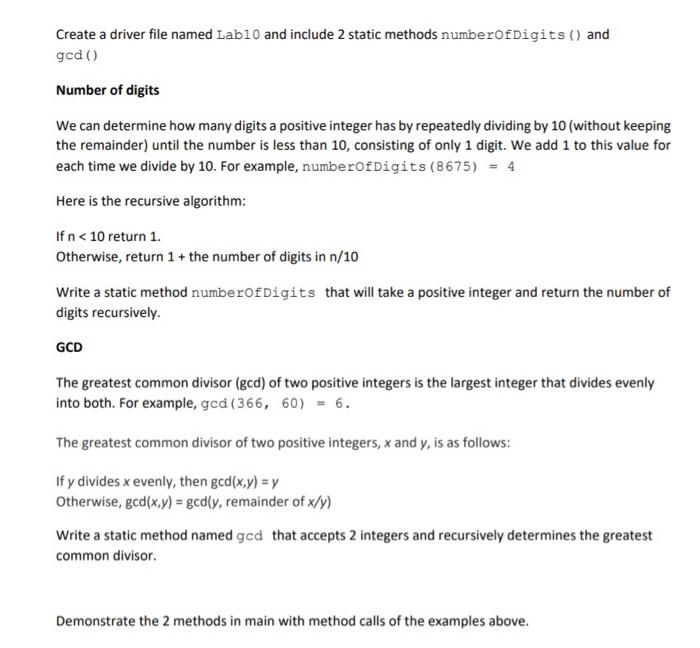 Solved Create a driver file named Lab10 and include 2 static | Chegg.com