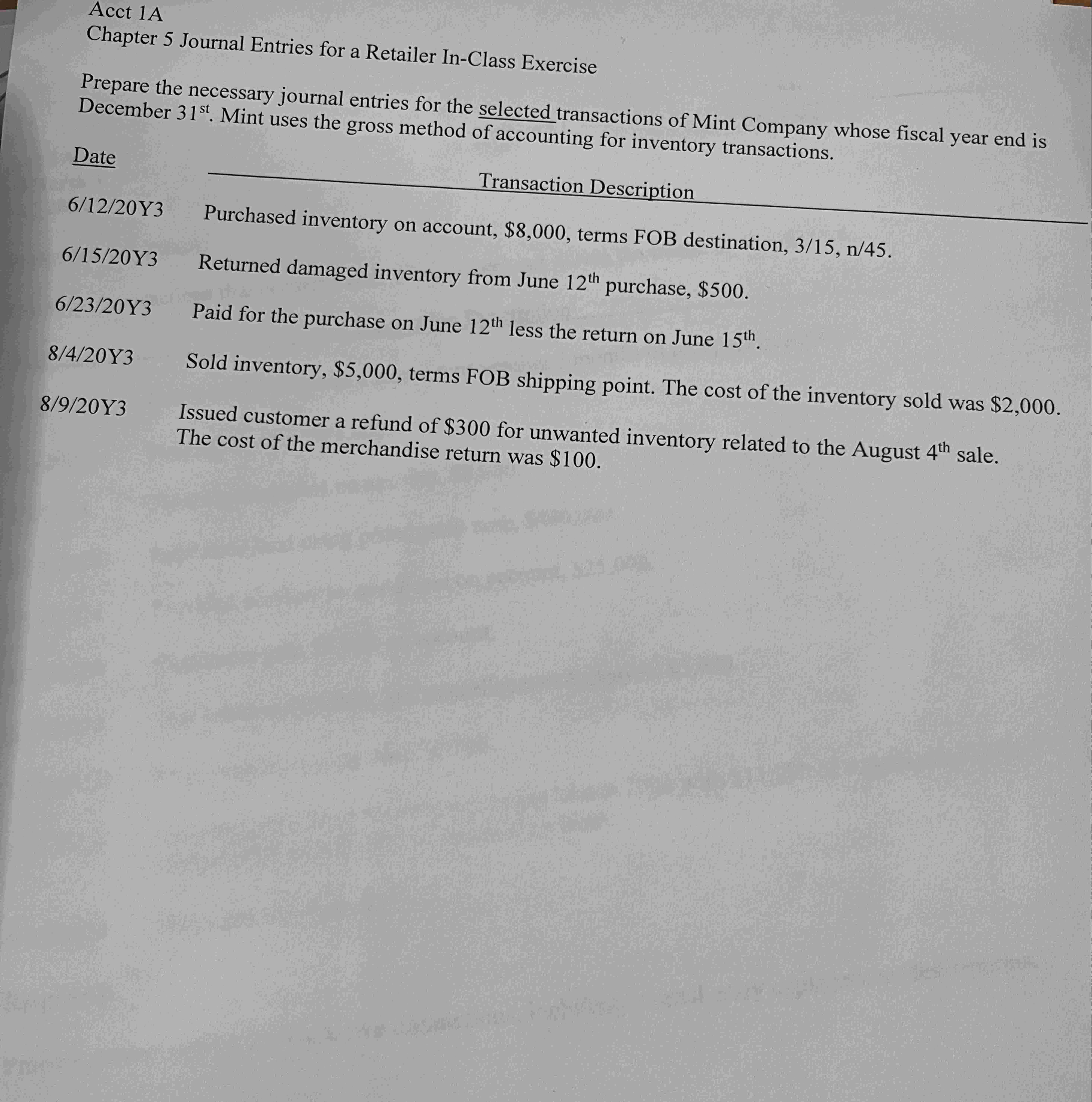 Solved Acct 1AChapter 5 ﻿Journal Entries for a Retailer | Chegg.com
