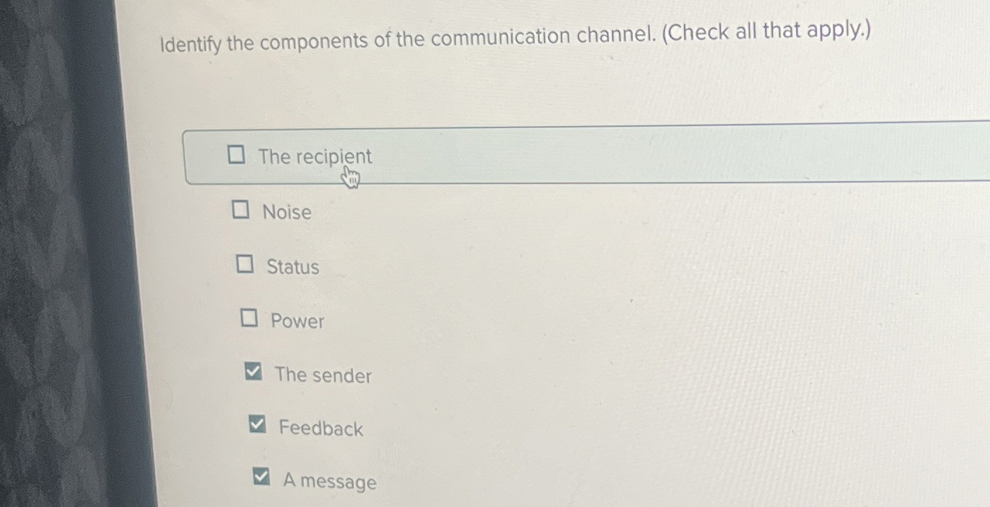 Solved Identify the components of the communication channel. | Chegg.com