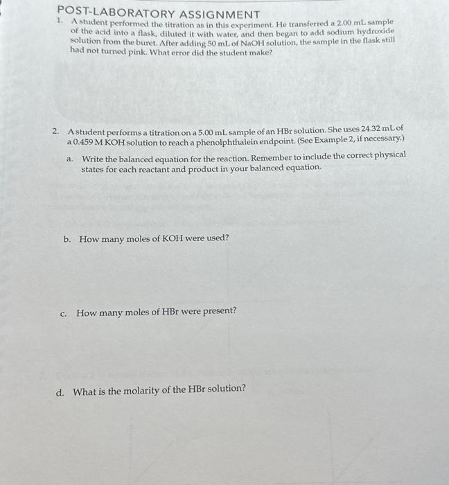 Solved POST-LABORATORY ASSIGNMENT 1. A student performed the | Chegg.com