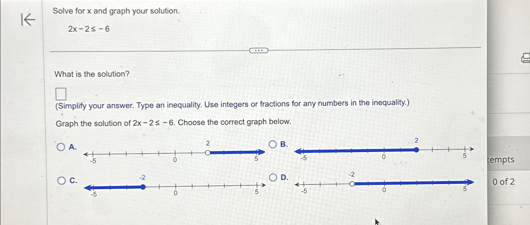 Solved Solve for x ﻿and graph your solution.2x-2≤-6What is | Chegg.com