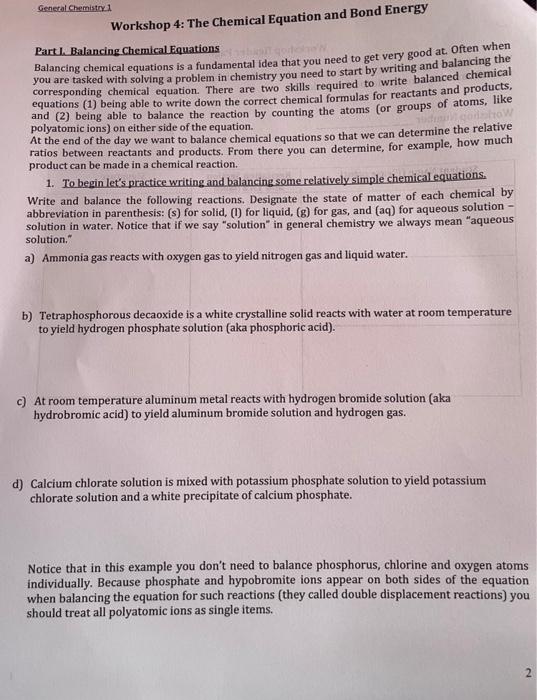 Solved Workshop 4: The Chemical Equation a Part. Balancing | Chegg.com