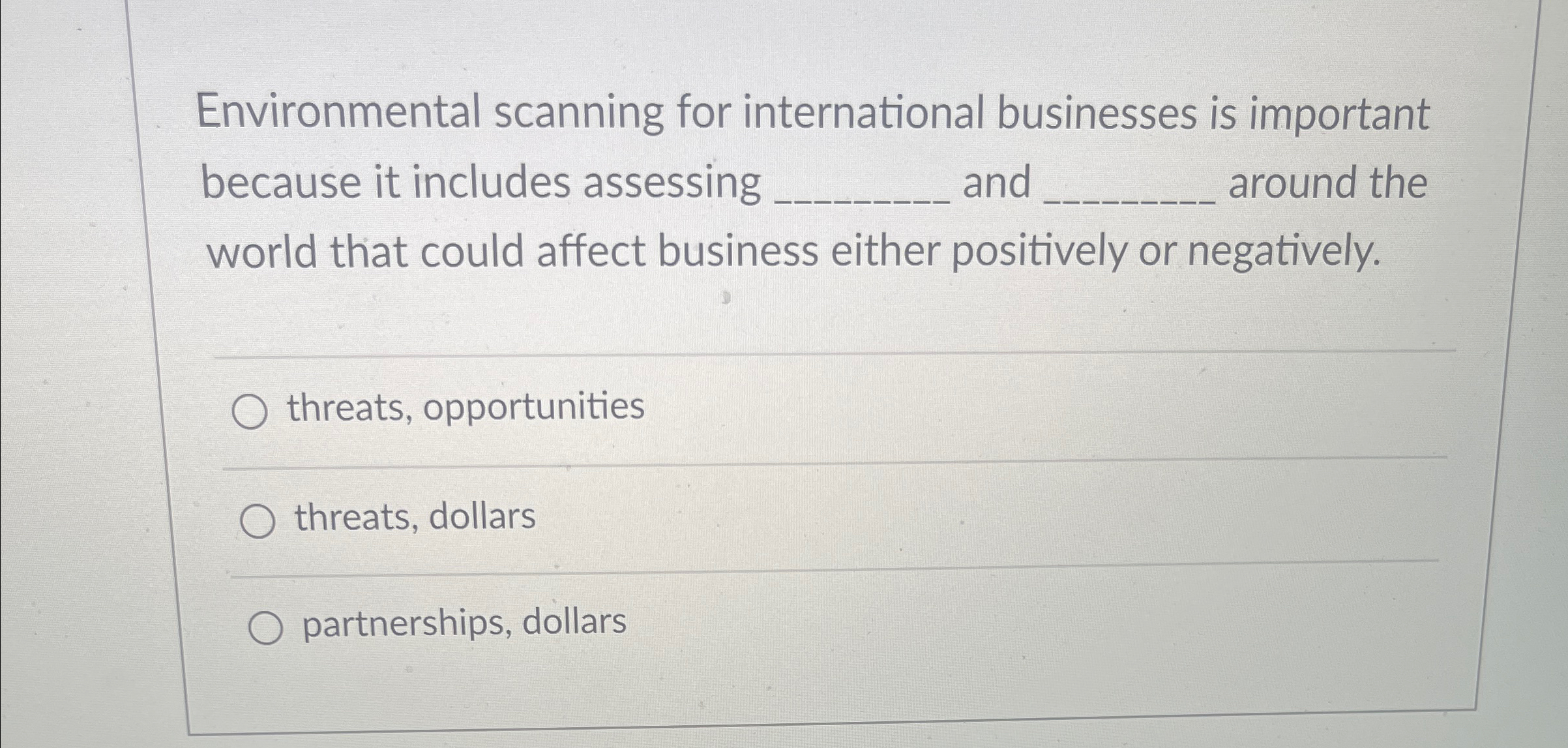 Solved Environmental scanning for international businesses | Chegg.com