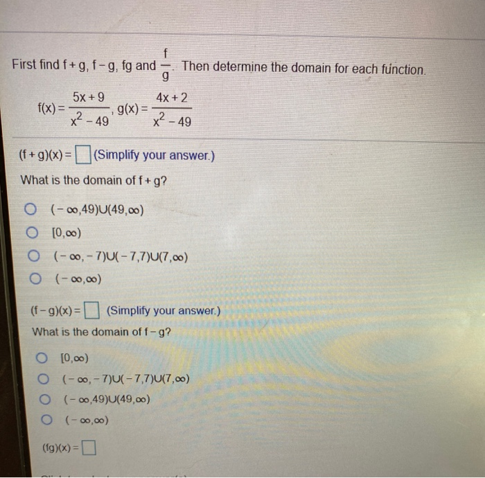 Solved First find f+g, f-g, fg and - Then determine the | Chegg.com