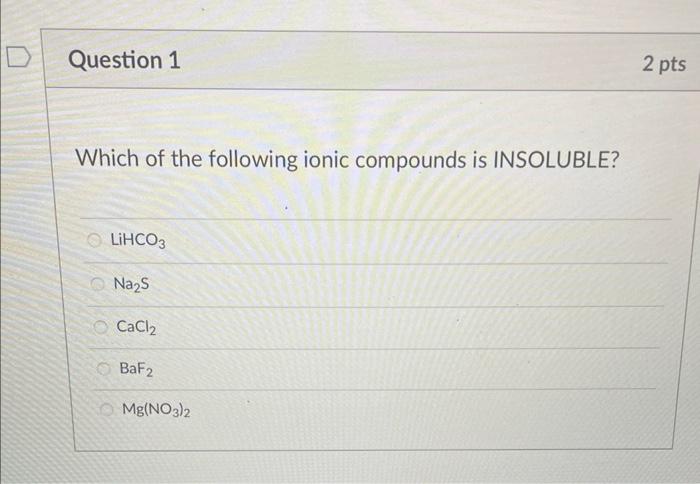 Solved Which of the following ionic compounds is INSOLUBLE? | Chegg.com