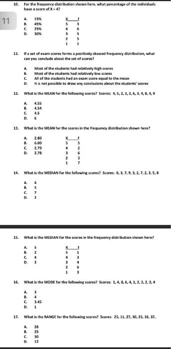 Solved 10. For the frequency distribution shown here, what | Chegg.com