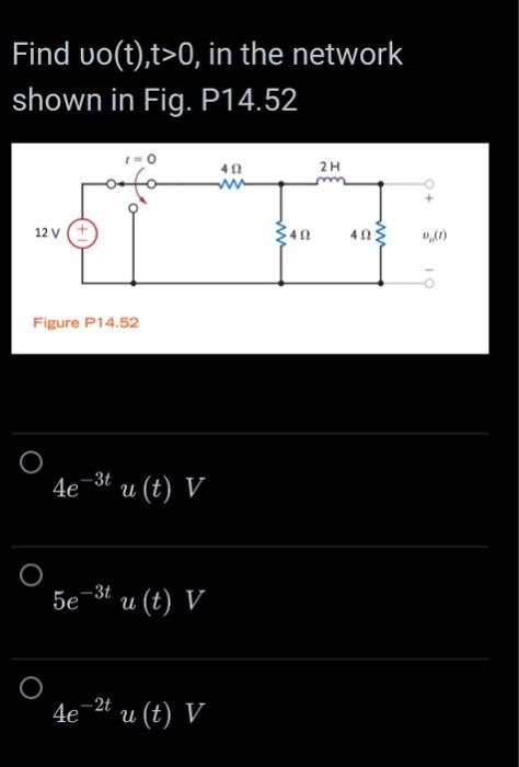 Solved Use Thévenin's theorem to find vo(t), t>0, in the | Chegg.com