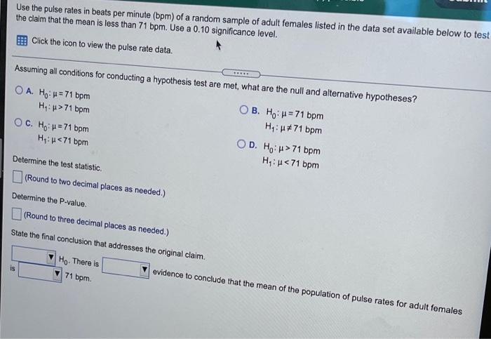 Solved Pulse rate data 68 Pulse Rate (bpm) 89 52 48 56 77 48 | Chegg.com