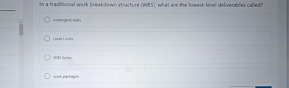 Solved In a traditional work breakdown structure (WBS), | Chegg.com