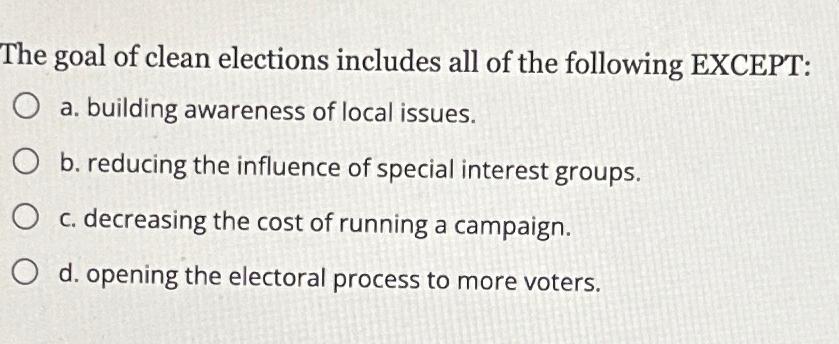 Solved The goal of clean elections includes all of the | Chegg.com