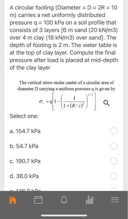Solved A circular footing (Diameter = D = 2R = 10 m) carries | Chegg.com