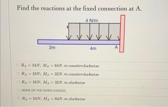 Solved Find the reactions at the fixed connection at A. 4 | Chegg.com