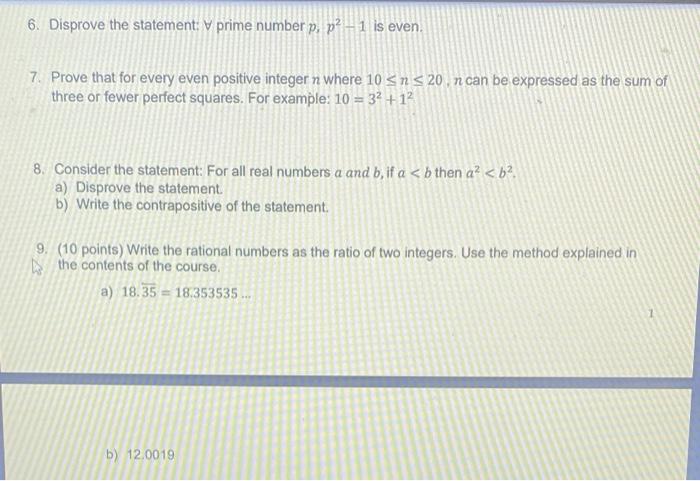 Solved 6. Disprove the statement: V prime number p, p2 - 1 | Chegg.com