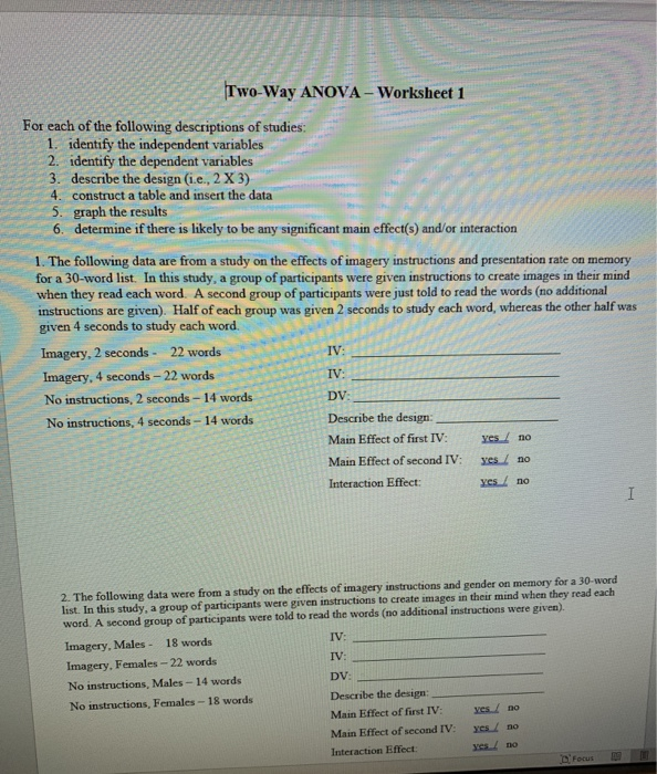 Solved Two-Way ANOVA - Worksheet For each of the following | Chegg.com