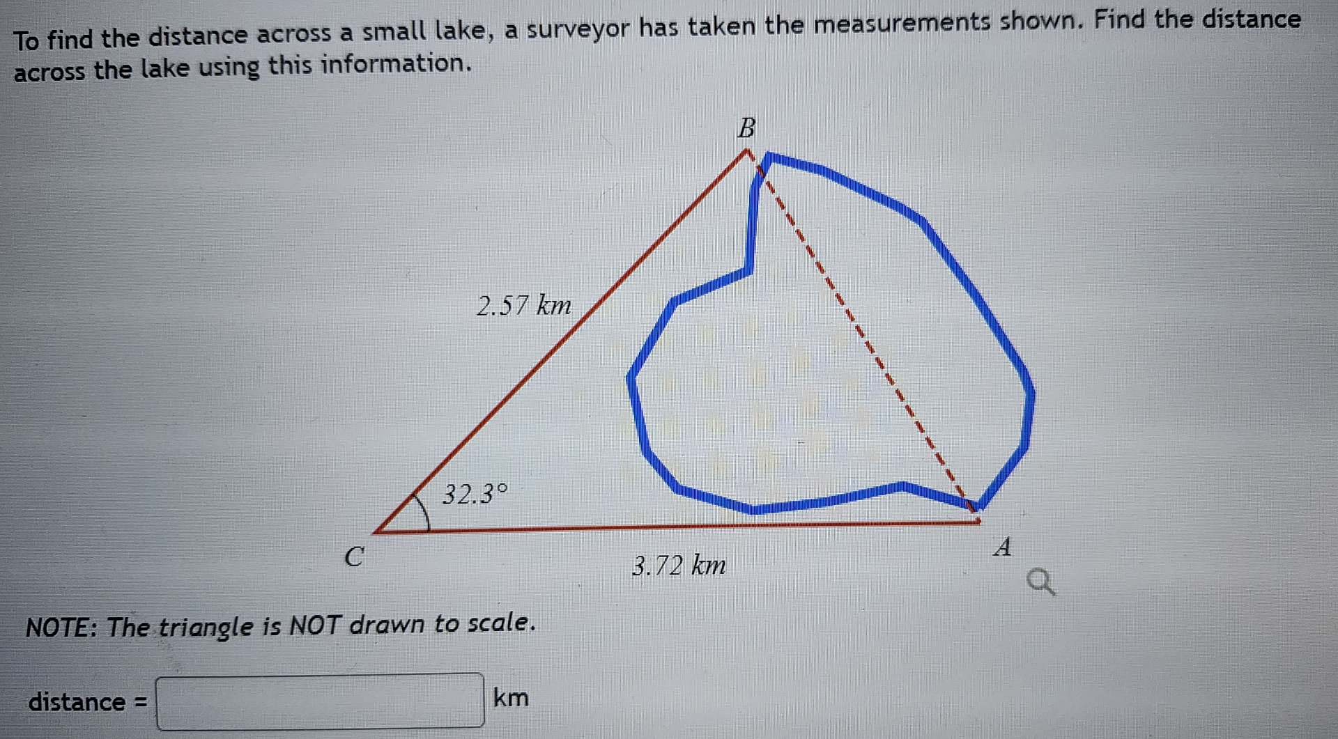 Solved To find the distance across a small lake, a surveyor | Chegg.com