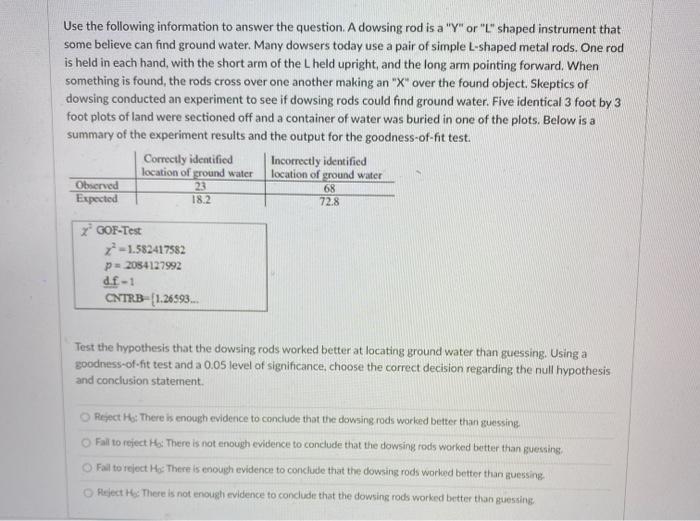 Solved Use the following information to answer the question. | Chegg.com