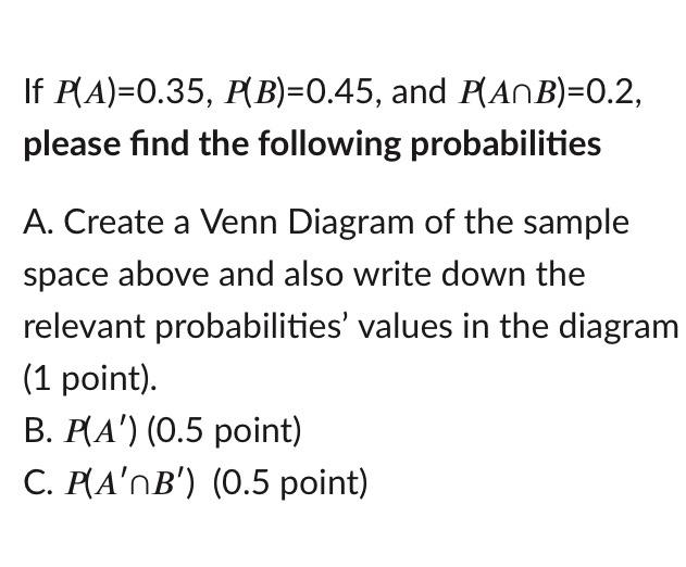 Solved If P(A)=0.35, P(B)=0.45, and P(ANB)=0.2, please find | Chegg.com