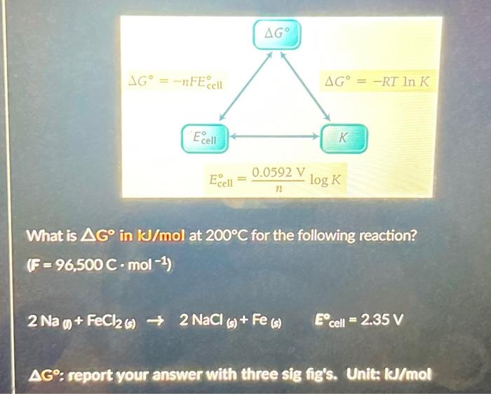 Solved AGO -nFE cell Ecell Ecell - AG° 0.0592 V AG = -RT In | Chegg.com