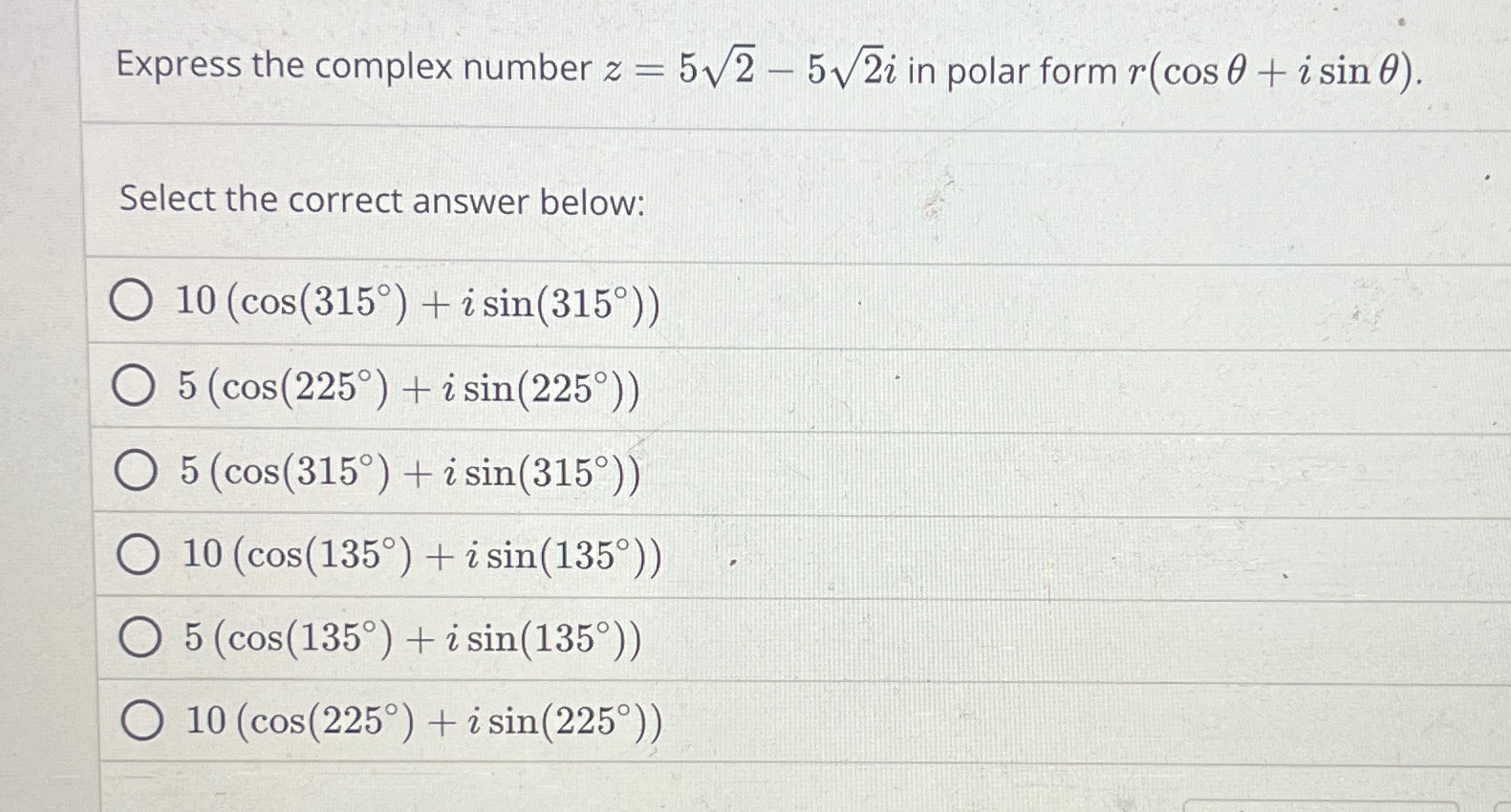 Solved Express the complex number z=522-522i ﻿in polar form | Chegg.com